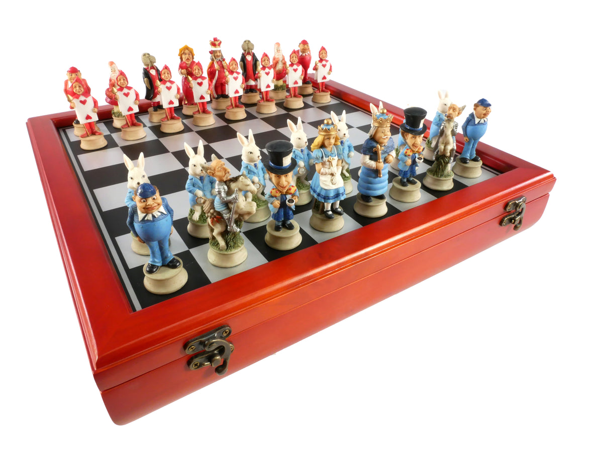 Chess Set - Alice in Wonderland Resin Chessmen on Cherry Stained Chest ...
