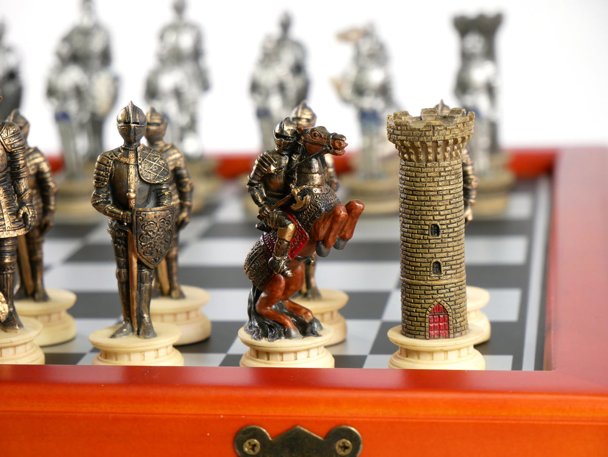 Chess Set - Armored Knights Chess Pieces on Cherry Chest – WorldWise ...