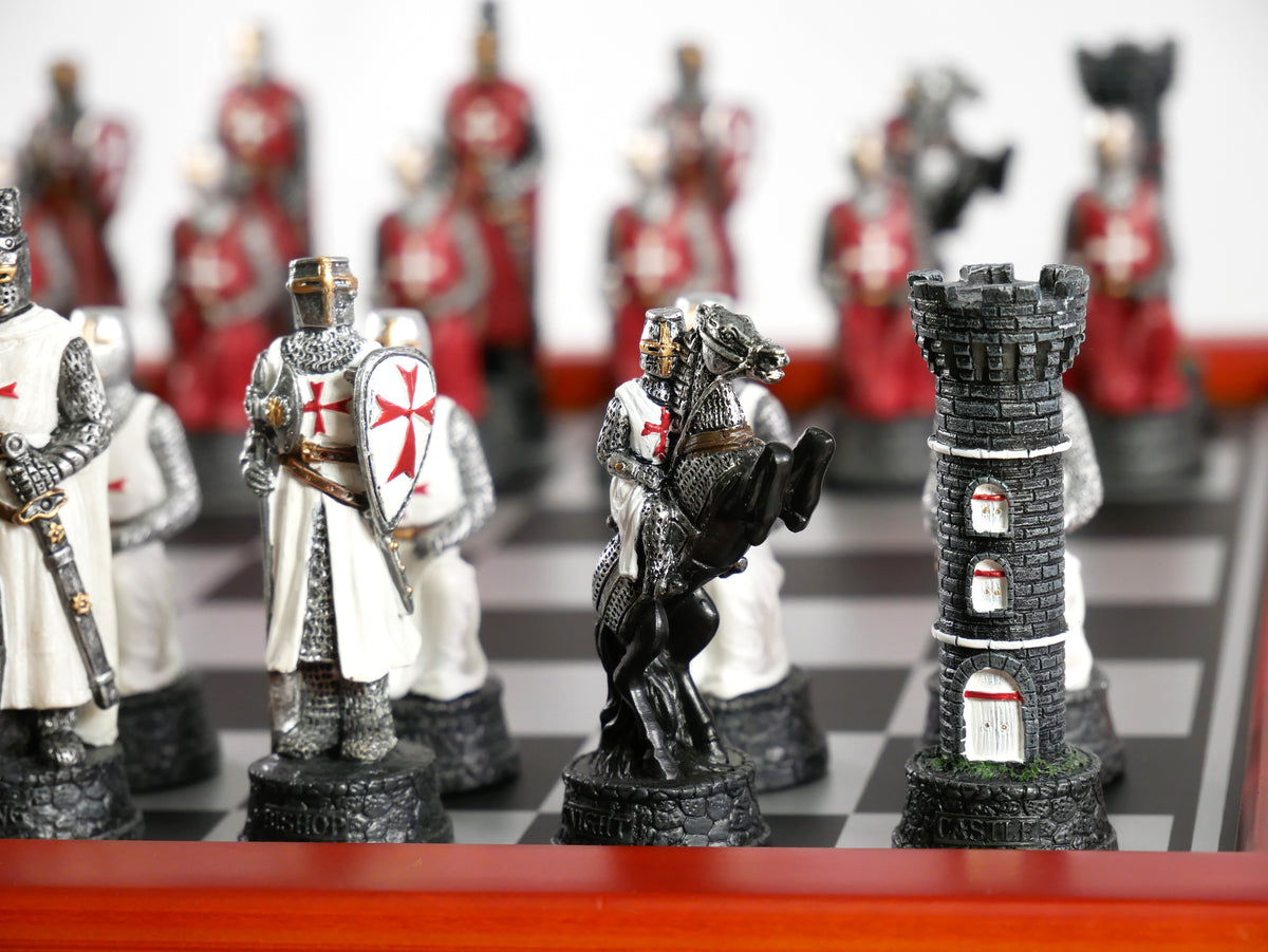 Chess Set - Resin on Cherry Stained Chest - Crusade IV – WorldWise Imports