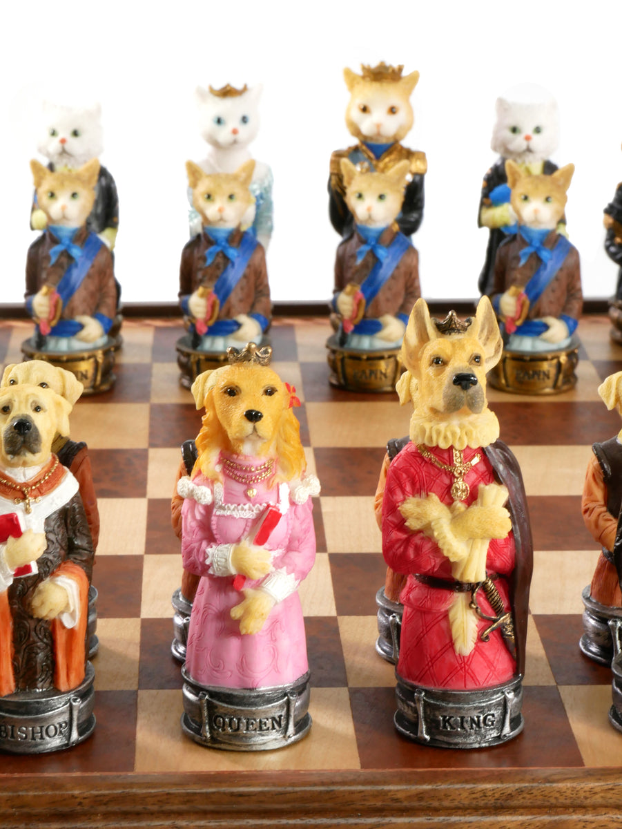 Chess Set - Cats & Dogs Resin Chessmen on Walnut Maple Chest ...